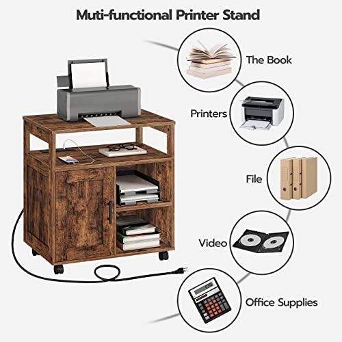 HOOBRO Printer Stand with Charging Station, Rolling Wood Storage Cabinet on Wheels, Printer Cart Table on Wheels for Home Office Rustic Brown FG60UPS01
