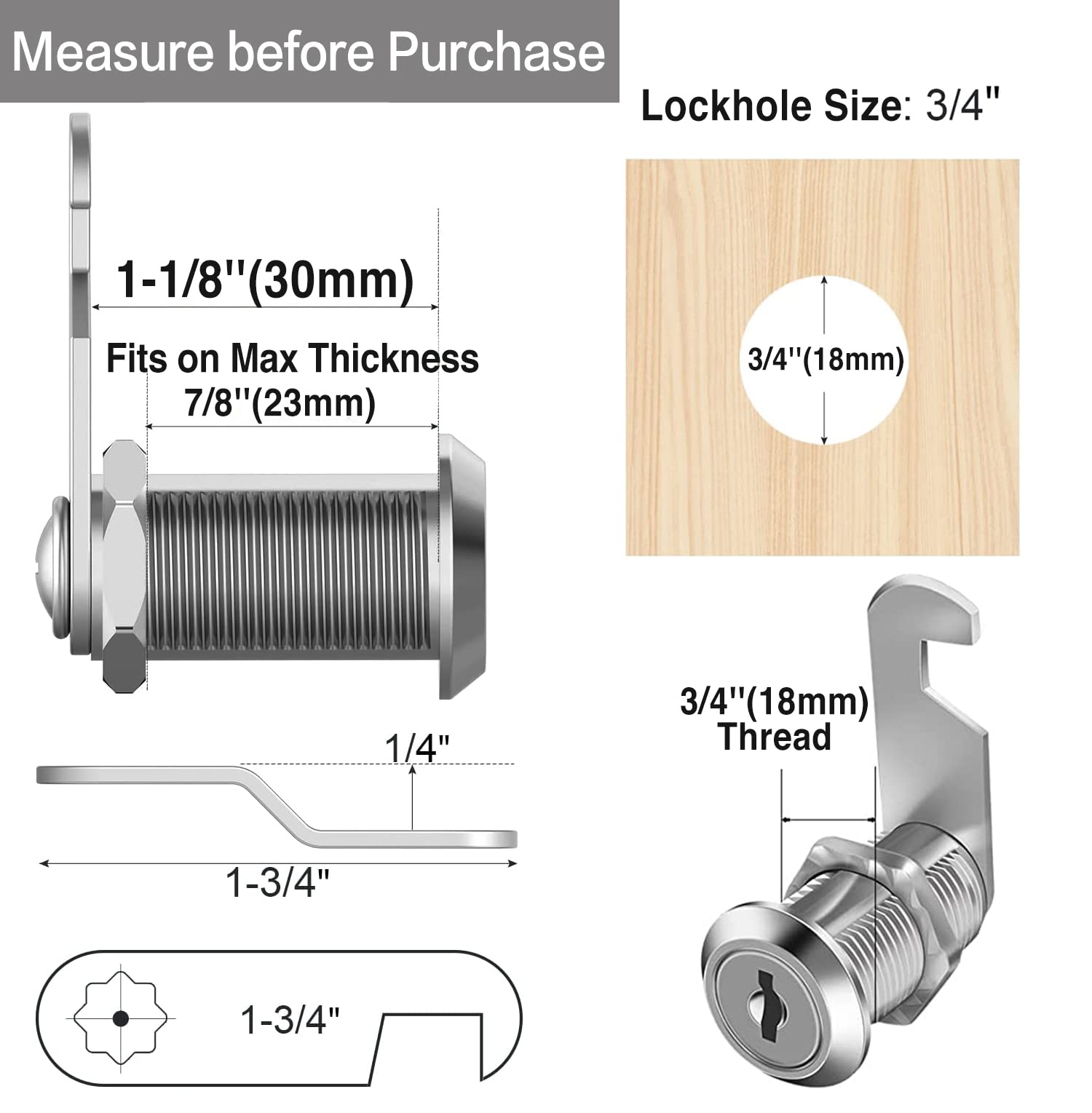 Sartatue Cabinet Cam Locks Keyed Alike, 1-1/8'' Fits on 7/8'' Max Door Thickness, Secure File Drawer Mailbox RV Storage Replacement Set, Zinc Alloy (1-1/8 Inch 2Pcs)