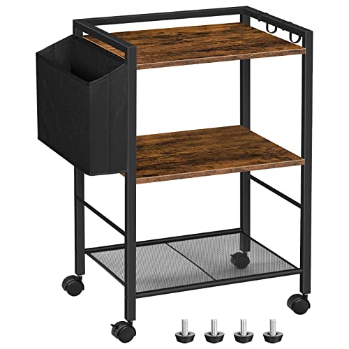 HOOBRO 3 Tier Printer Stand Mobile Printer Table on Wheels, Wooden Printer Shelf with Storage Bag, Under Desk Rolling Printer Cart Organizer with Hooks for Home Office, Kitchen Rustic Brown BF21PS01