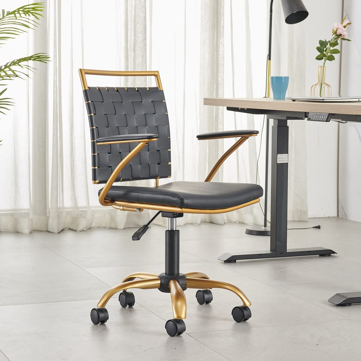 Hioryllks Modern Chair - Durable Black & Gold Leather Office Chair with Lumbar Support