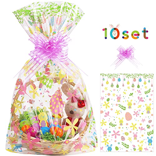 WeDoSoy 10 Pack Easter Basket Bags, Large Cellophane Bags, 22x32 Inches Cello Basket Bags Easter Eggs Bunny Wrap Bags with 10 Pieces Pull Bow, Cellophane Wrapping for Gift Packaging Party Decorations
