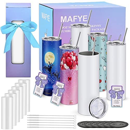 MAFYE Sublimation Tumblers, 6pack 20 oz Skinny Straight Tumbler with Straw Lids, Sublimation Shrink Wrap & Tumbler Cards Sublimation Blanks Product Stainless Steel Tumbler for Mug Press, Present Box