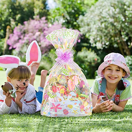 WeDoSoy 10 Pack Easter Basket Bags, Large Cellophane Bags, 22x32 Inches Cello Basket Bags Easter Eggs Bunny Wrap Bags with 10 Pieces Pull Bow, Cellophane Wrapping for Gift Packaging Party Decorations