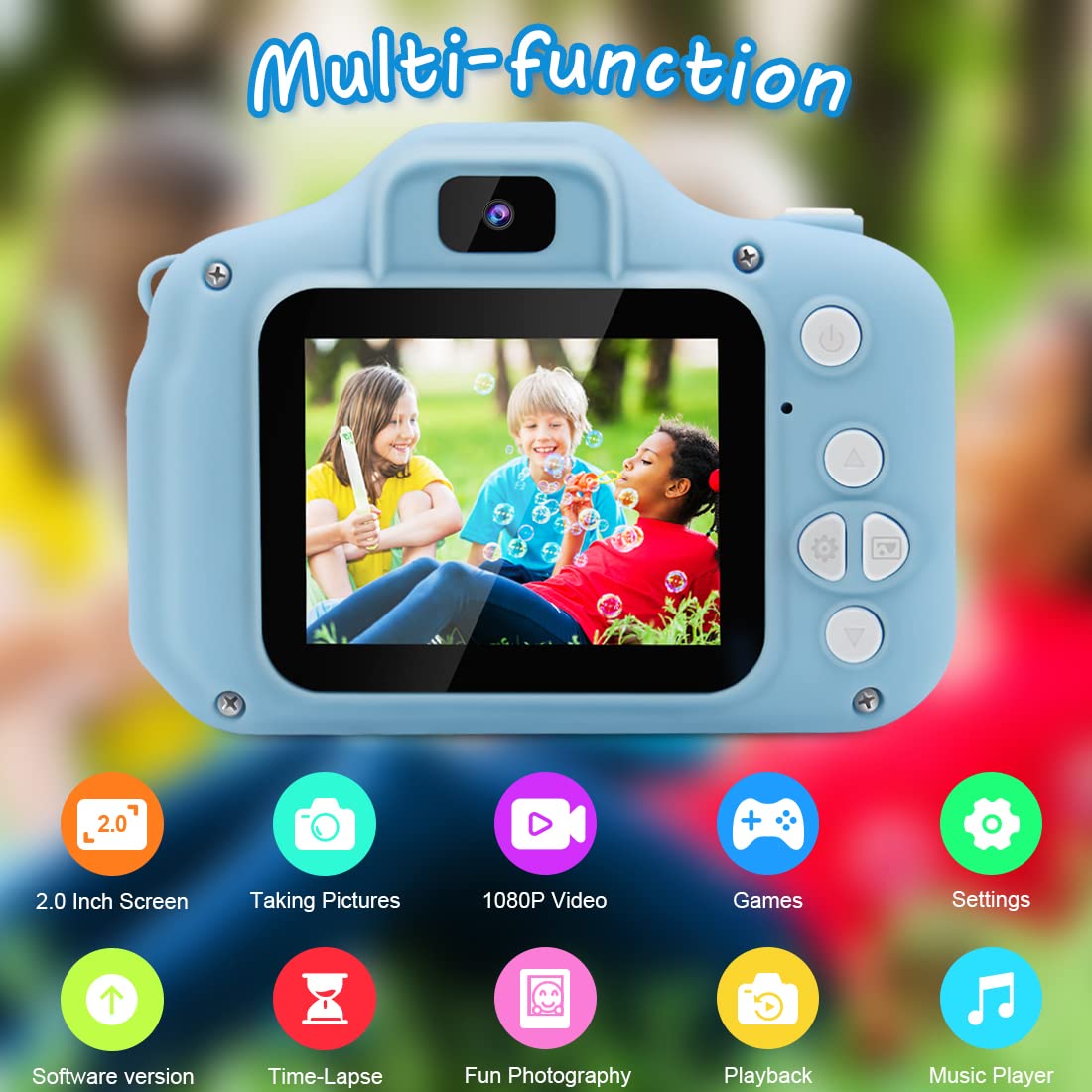 YUE3000 Kids Camera, Front and Rear Camera Digital Cameras for Boys and Girls Gift Age 3-9, 2.0 -inch Screen,1080P Video with 32GB SD Card-Blue