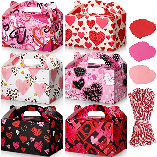 Dianelhall 24 Pack Valentine's Day Treat Boxes Heart Prints Cardboard Box for Goody Cookie Holder Tags and Twine, 6 x 3.5 x Inches Sweet Party Favor Mother's Girl Classroom Supplies