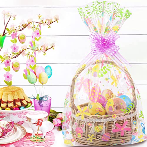 WeDoSoy 10 Pack Easter Basket Bags, Large Cellophane Bags, 22x32 Inches Cello Basket Bags Easter Eggs Bunny Wrap Bags with 10 Pieces Pull Bow, Cellophane Wrapping for Gift Packaging Party Decorations