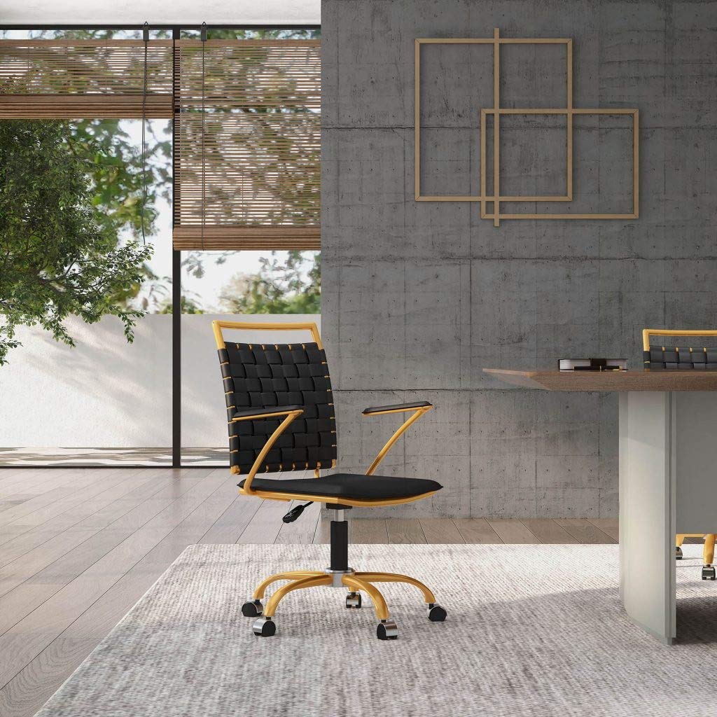 Hioryllks Modern Chair - Durable Black & Gold Leather Office Chair with Lumbar Support