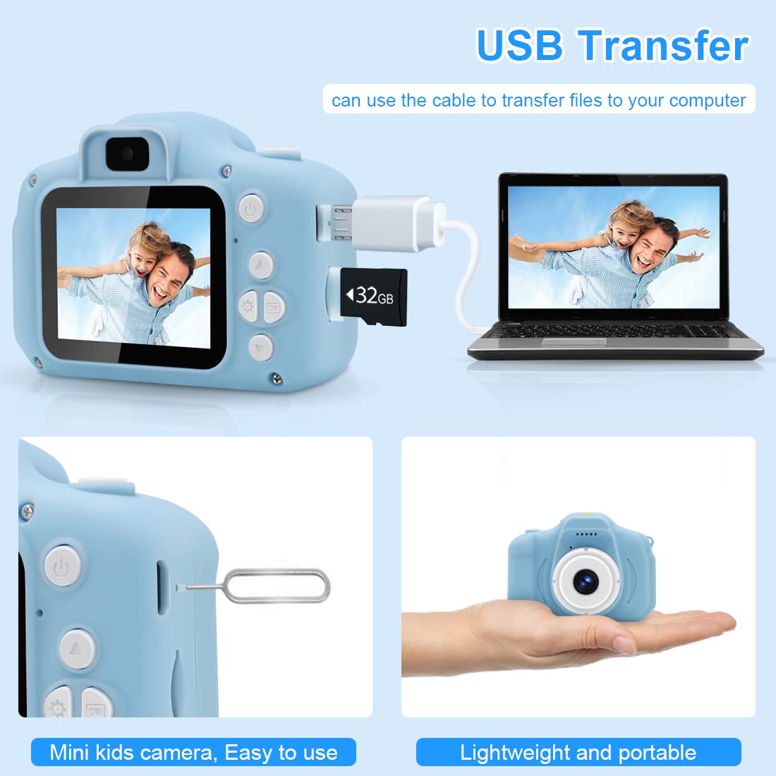 YUE3000 Kids Camera, Front and Rear Camera Digital Cameras for Boys and Girls Gift Age 3-9, 2.0 -inch Screen,1080P Video with 32GB SD Card-Blue