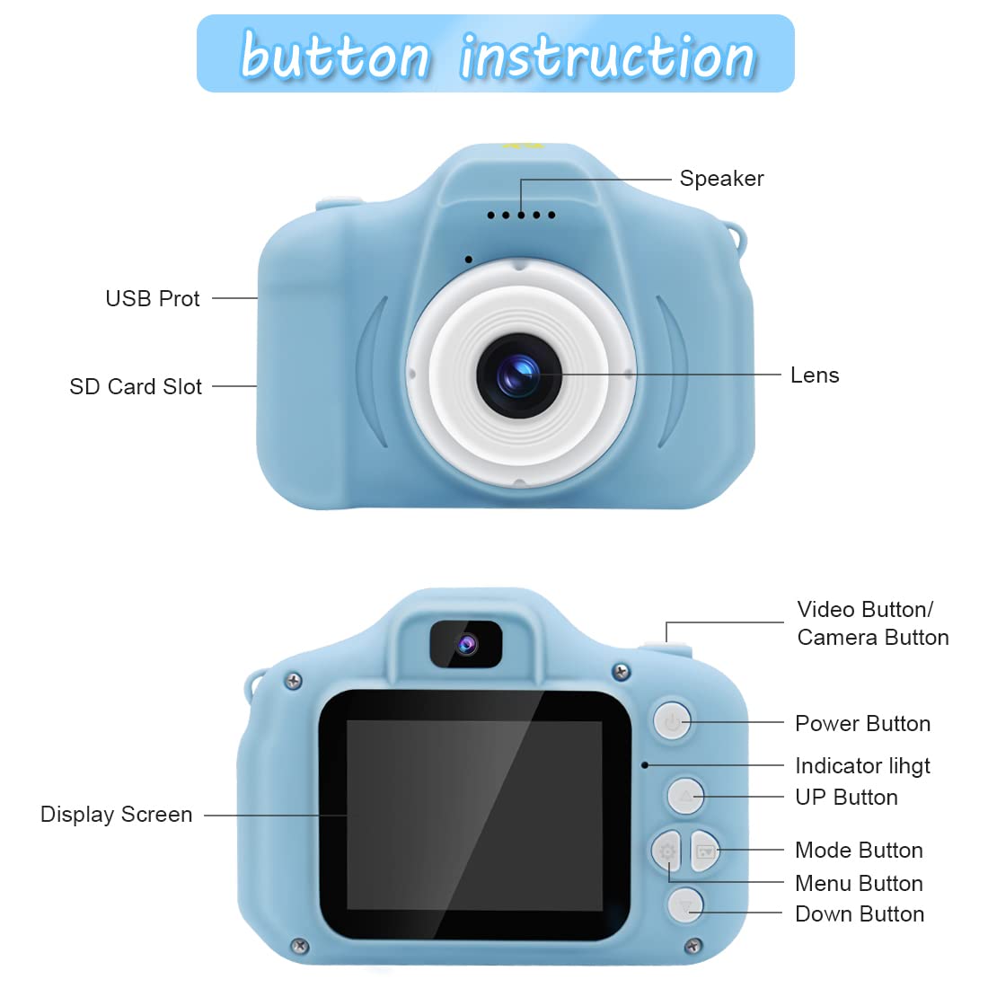 YUE3000 Kids Camera, Front and Rear Camera Digital Cameras for Boys and Girls Gift Age 3-9, 2.0 -inch Screen,1080P Video with 32GB SD Card-Blue