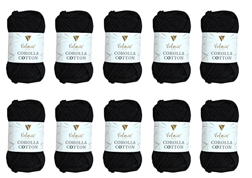 VELARIA DESIGNS 100% Cotton Corolla Cotton Yarn Thread Balls for Knitting and Crochet, Hand Made Projects,Oeko-Tex Certified, Pack of 10 Solid Colors, (Black)