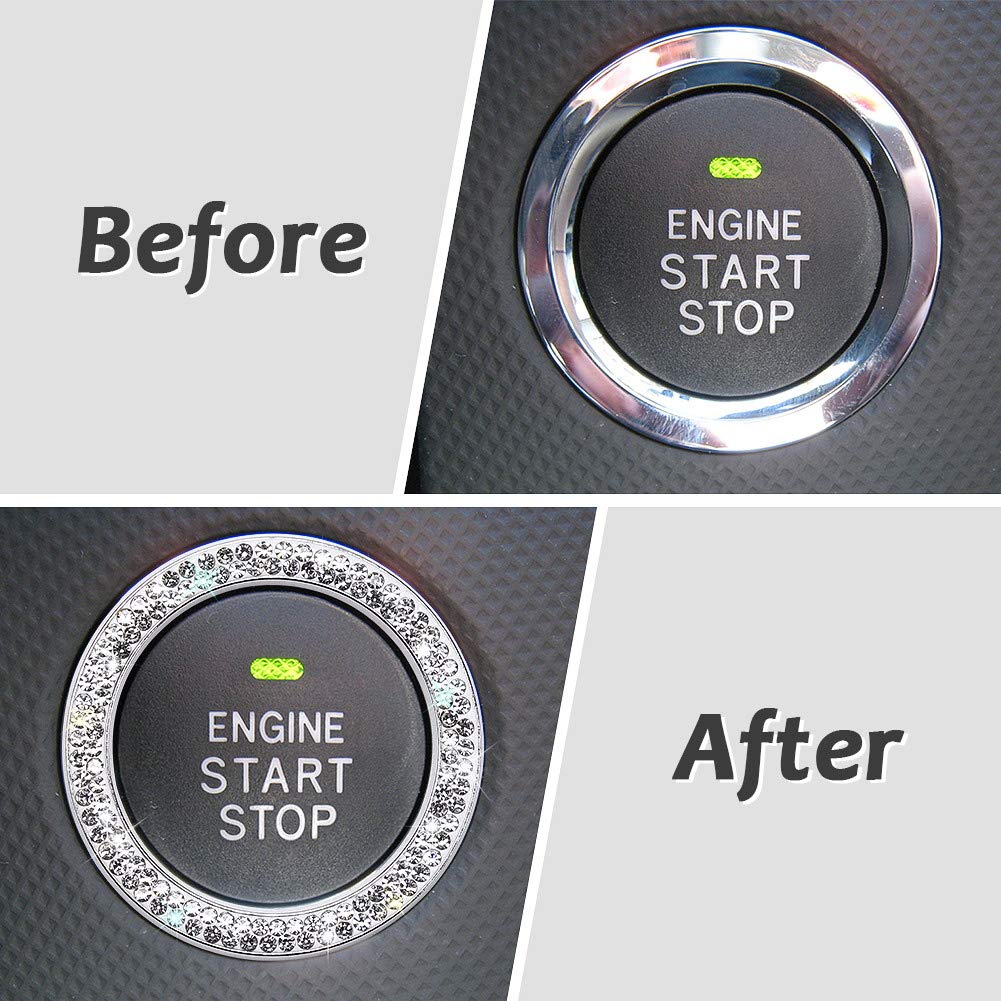ToBeQueen Bling Diamond Push Start Button Cover Ring, Interior Crystal Rhinestone Bling Starter Ring Emblem Sticker, Bling Car Accessories for Women, White
