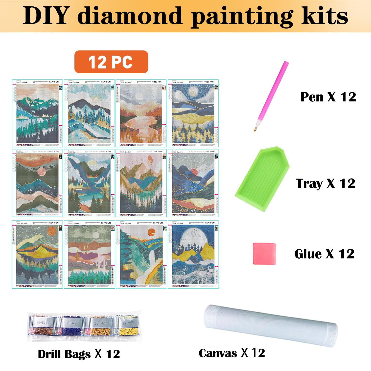12 Pack 5D DIY Diamond Painting Kits Sets for Child/Adults Gifts Diamond Art Kits Round Full Drill Gem Art Crafts for Rhinestone Embroidery Home/Wall Decorations 12X16 Inches