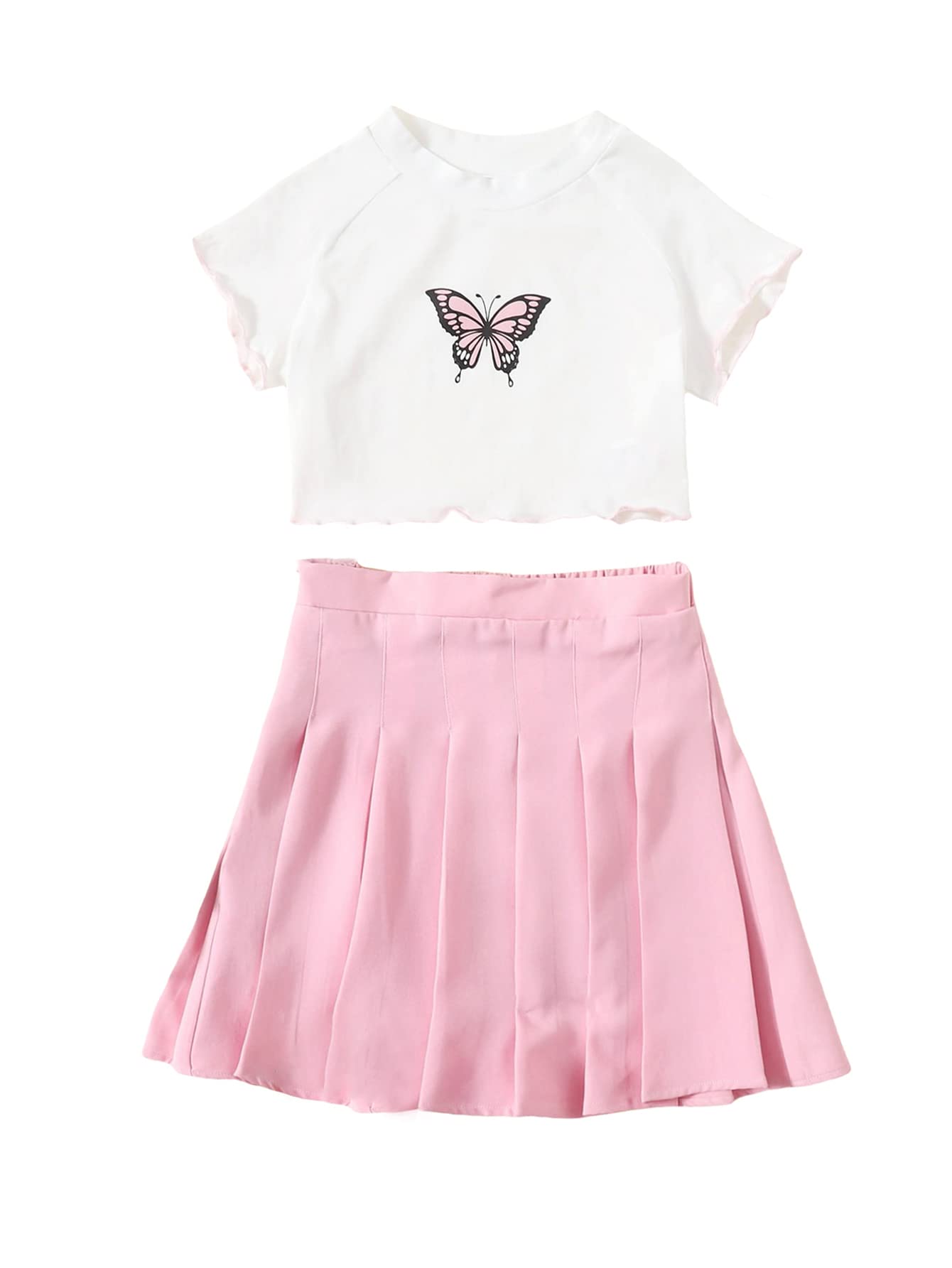 SOLY HUX Girl's Butterfly Print Short Sleeve Tee Top and Pleated Skirt Set 2 Piece Outfits White Pink 11-12Y