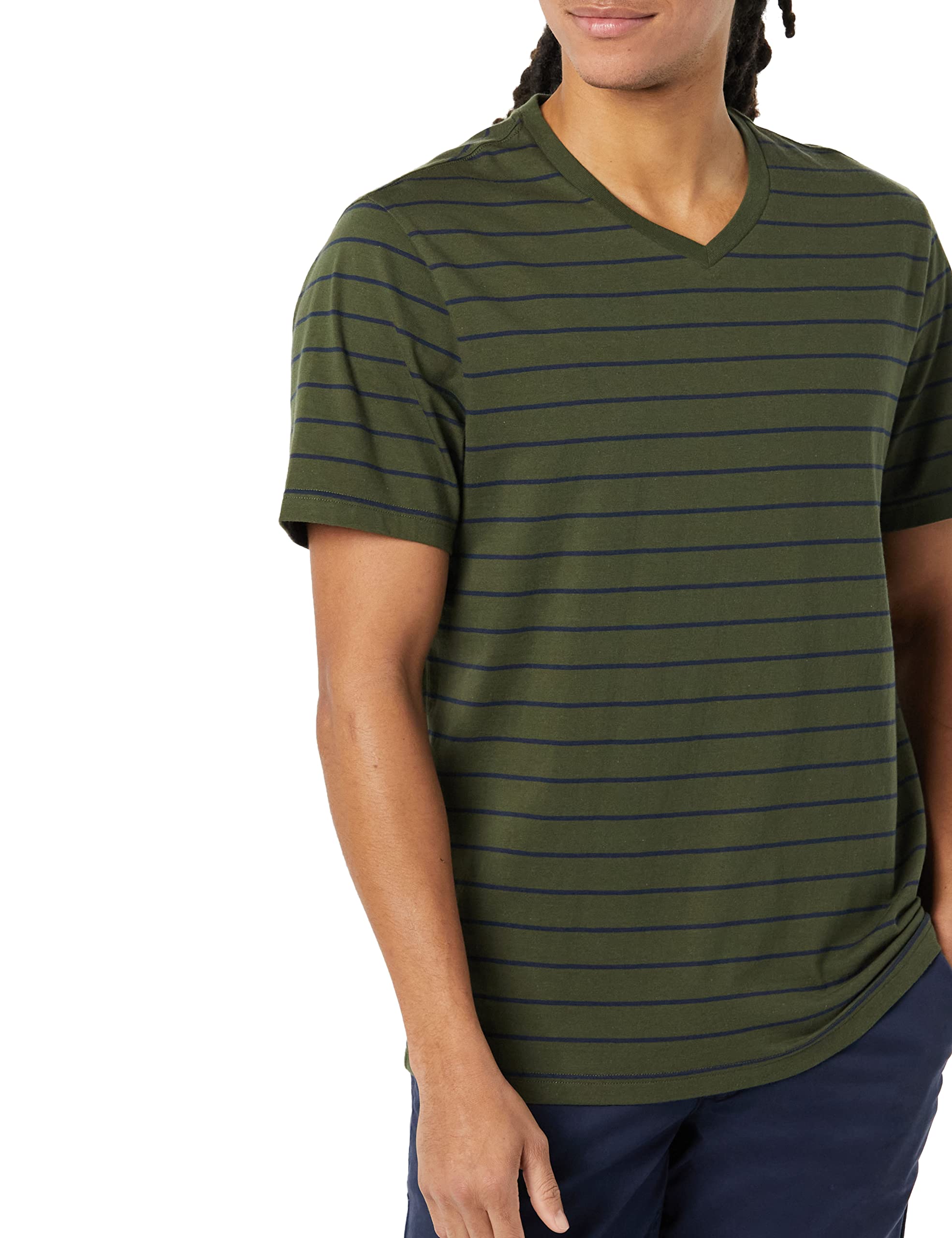 Amazon Essentials 100% Cotton T Shirts For Men, Regular-Fit Short-Sleeve V-Neck, Pack of 2, Available in Big & Tall, Navy/Olive/Stripe, 4X-Large Big Tall
