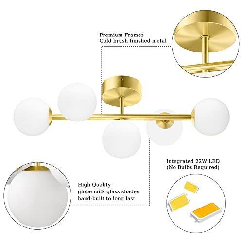 Bathroom Vanity Lights, 5-Light Bathroom Light Fixtures, Mid Century Modern Gold Bathroom Light Ceiling Light, Dimmable LED Wall Sconces Semi-Flush Mount Light Fixture with Milk Glass, Gold Brushed