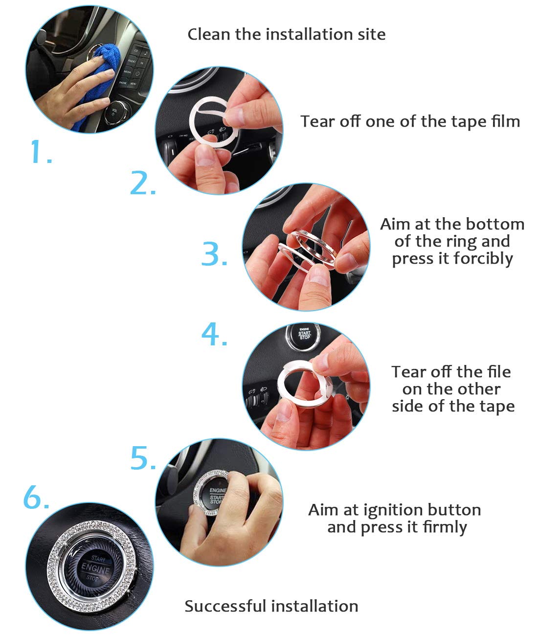 ToBeQueen Bling Diamond Push Start Button Cover Ring, Interior Crystal Rhinestone Bling Starter Ring Emblem Sticker, Bling Car Accessories for Women, White