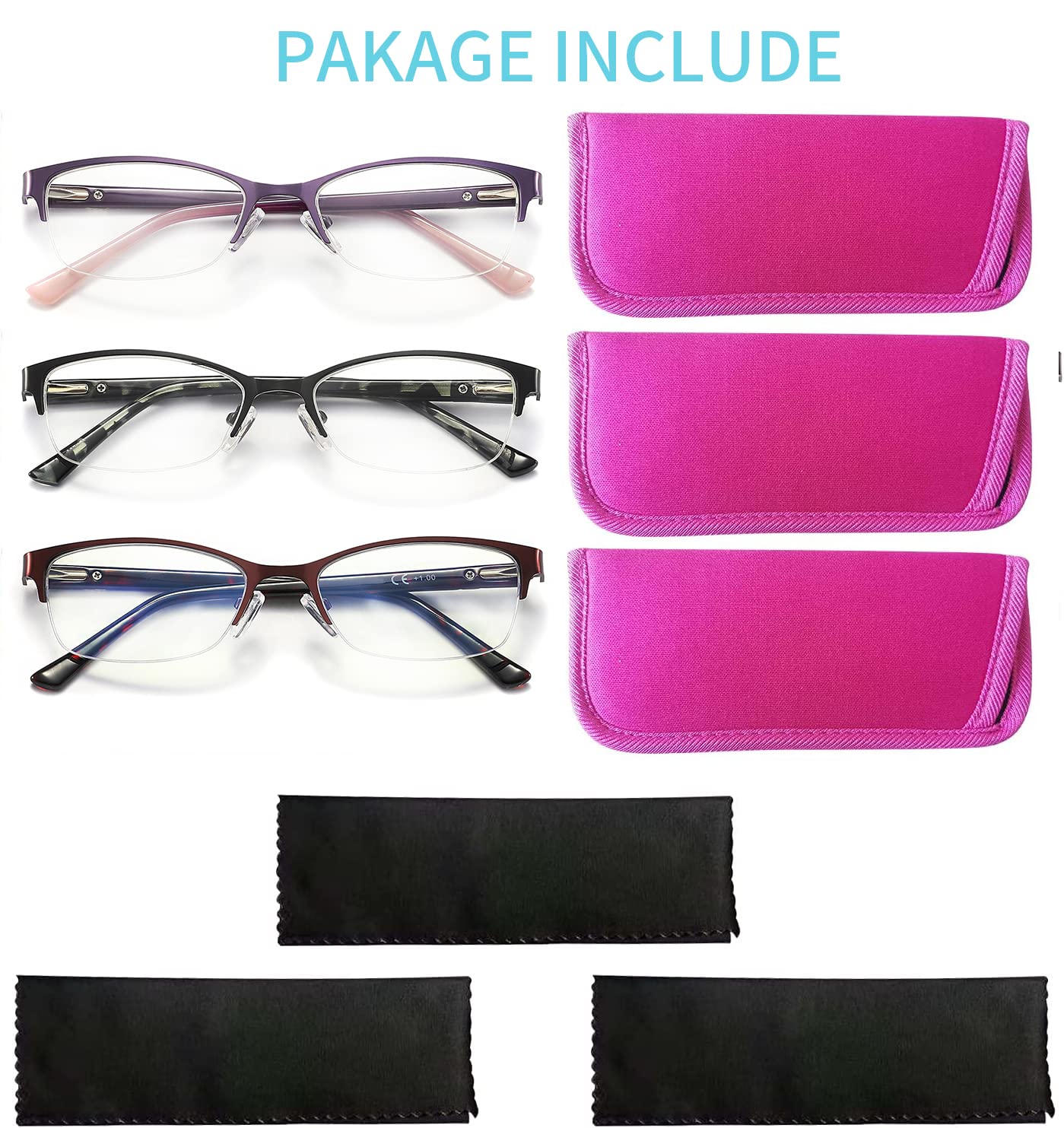 HOTJOJO 3 Pack Reading Glasses for Women Blue Light Blocking, Metal Oval Half Frame Womens Readers Glass with Spring Hinge, Anti Blue Ray Reduce Eye Strain Glare Headache(100 Magnification Strength)