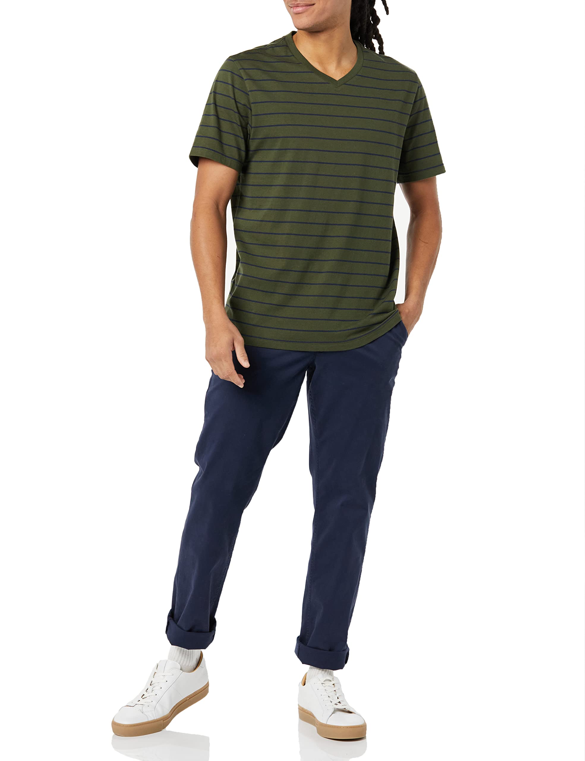 Amazon Essentials 100% Cotton T Shirts For Men, Regular-Fit Short-Sleeve V-Neck, Pack of 2, Available in Big & Tall, Navy/Olive/Stripe, 4X-Large Big Tall