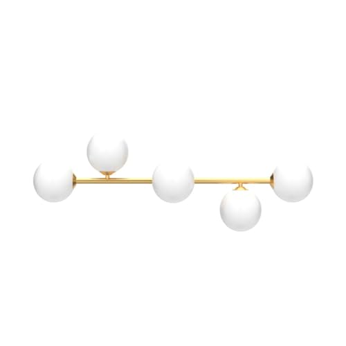 Bathroom Vanity Lights, 5-Light Bathroom Light Fixtures, Mid Century Modern Gold Bathroom Light Ceiling Light, Dimmable LED Wall Sconces Semi-Flush Mount Light Fixture with Milk Glass, Gold Brushed