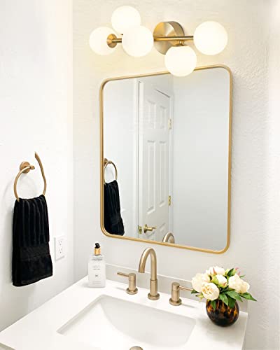 Bathroom Vanity Lights, 5-Light Bathroom Light Fixtures, Mid Century Modern Gold Bathroom Light Ceiling Light, Dimmable LED Wall Sconces Semi-Flush Mount Light Fixture with Milk Glass, Gold Brushed