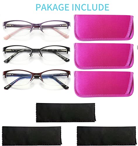 HOTJOJO 3 Pack Reading Glasses for Women Blue Light Blocking, Metal Oval Half Frame Womens Readers Glass with Spring Hinge, Anti Blue Ray Reduce Eye Strain Glare Headache(100 Magnification Strength)