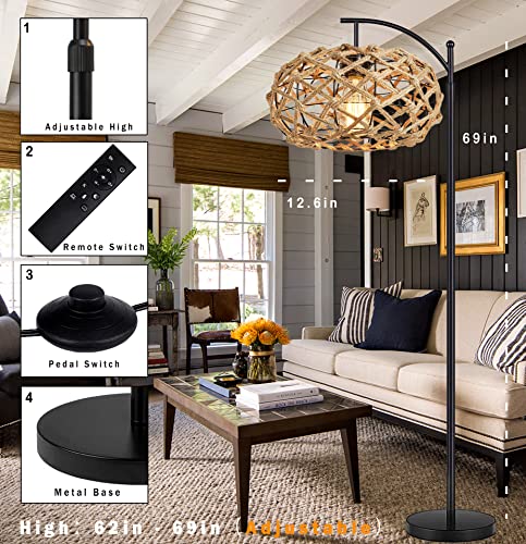 QIYIZM Rattan Floor Lamp with Remote for Living Room Bedroom Farmhouse Boho Dimmable Arc Standing Lamp Industrial Rustic Floor Light Adjustable Black Tall Lamp Corner Hand-Worked Wicker Lamp Shades