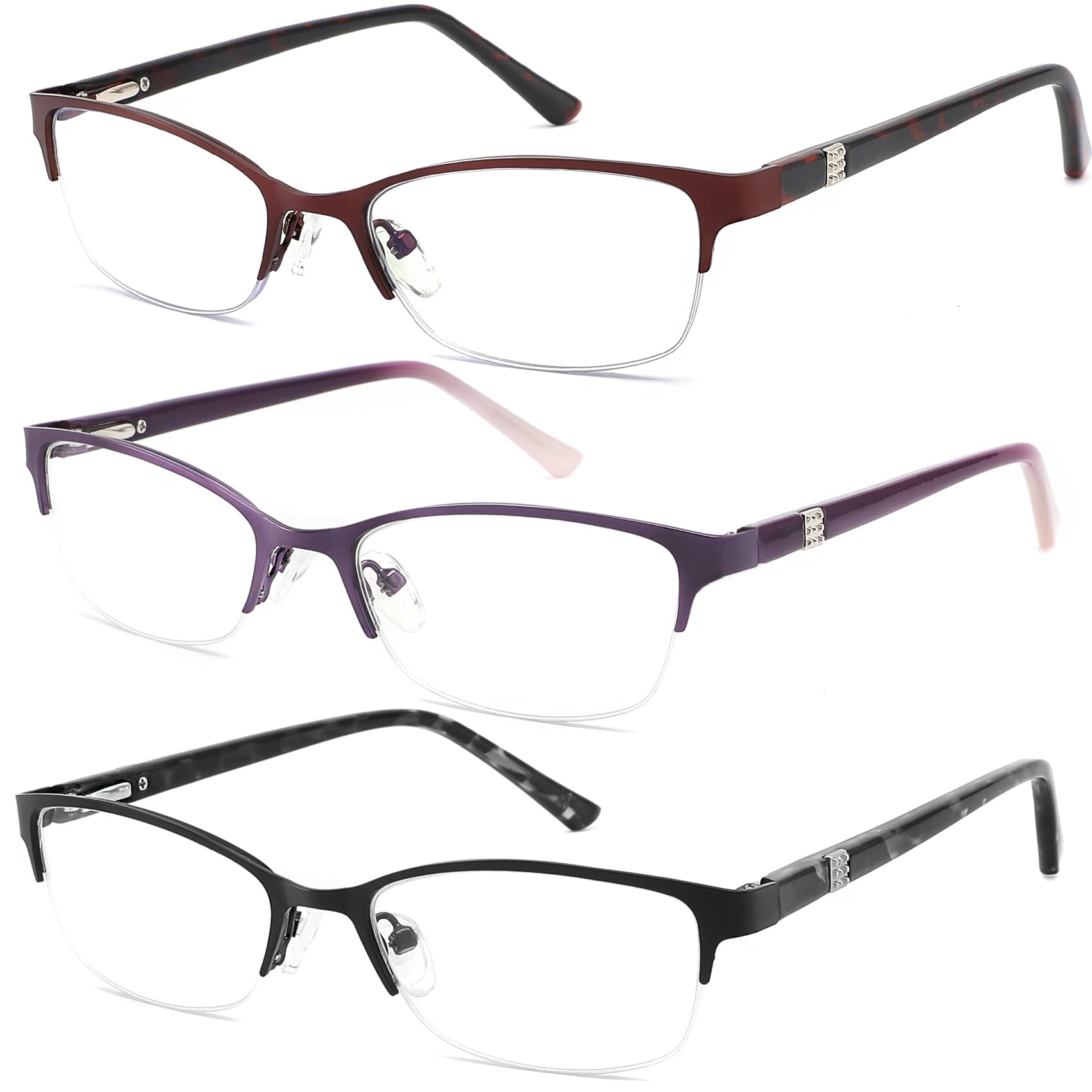 HOTJOJO 3 Pack Reading Glasses for Women Blue Light Blocking, Metal Oval Half Frame Womens Readers Glass with Spring Hinge, Anti Blue Ray Reduce Eye Strain Glare Headache(100 Magnification Strength)