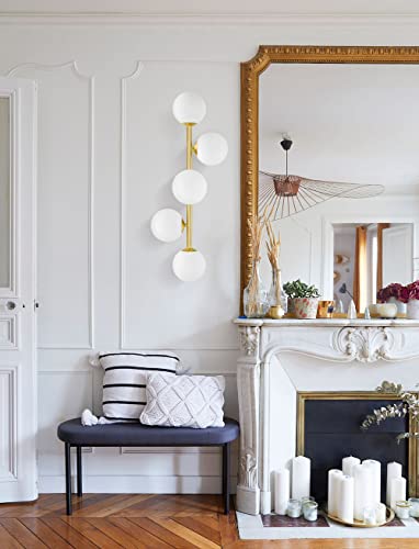 Bathroom Vanity Lights, 5-Light Bathroom Light Fixtures, Mid Century Modern Gold Bathroom Light Ceiling Light, Dimmable LED Wall Sconces Semi-Flush Mount Light Fixture with Milk Glass, Gold Brushed