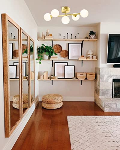 Bathroom Vanity Lights, 5-Light Bathroom Light Fixtures, Mid Century Modern Gold Bathroom Light Ceiling Light, Dimmable LED Wall Sconces Semi-Flush Mount Light Fixture with Milk Glass, Gold Brushed