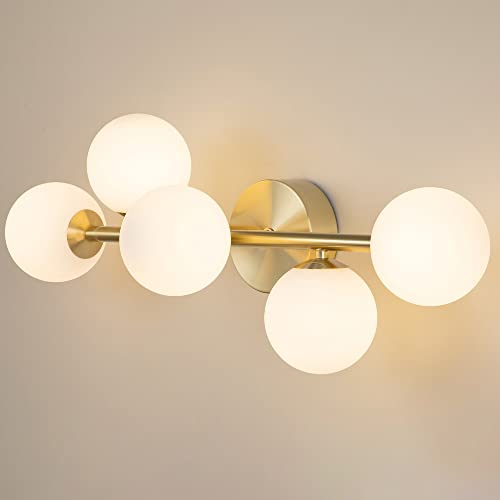 Bathroom Vanity Lights, 5-Light Bathroom Light Fixtures, Mid Century Modern Gold Bathroom Light Ceiling Light, Dimmable LED Wall Sconces Semi-Flush Mount Light Fixture with Milk Glass, Gold Brushed