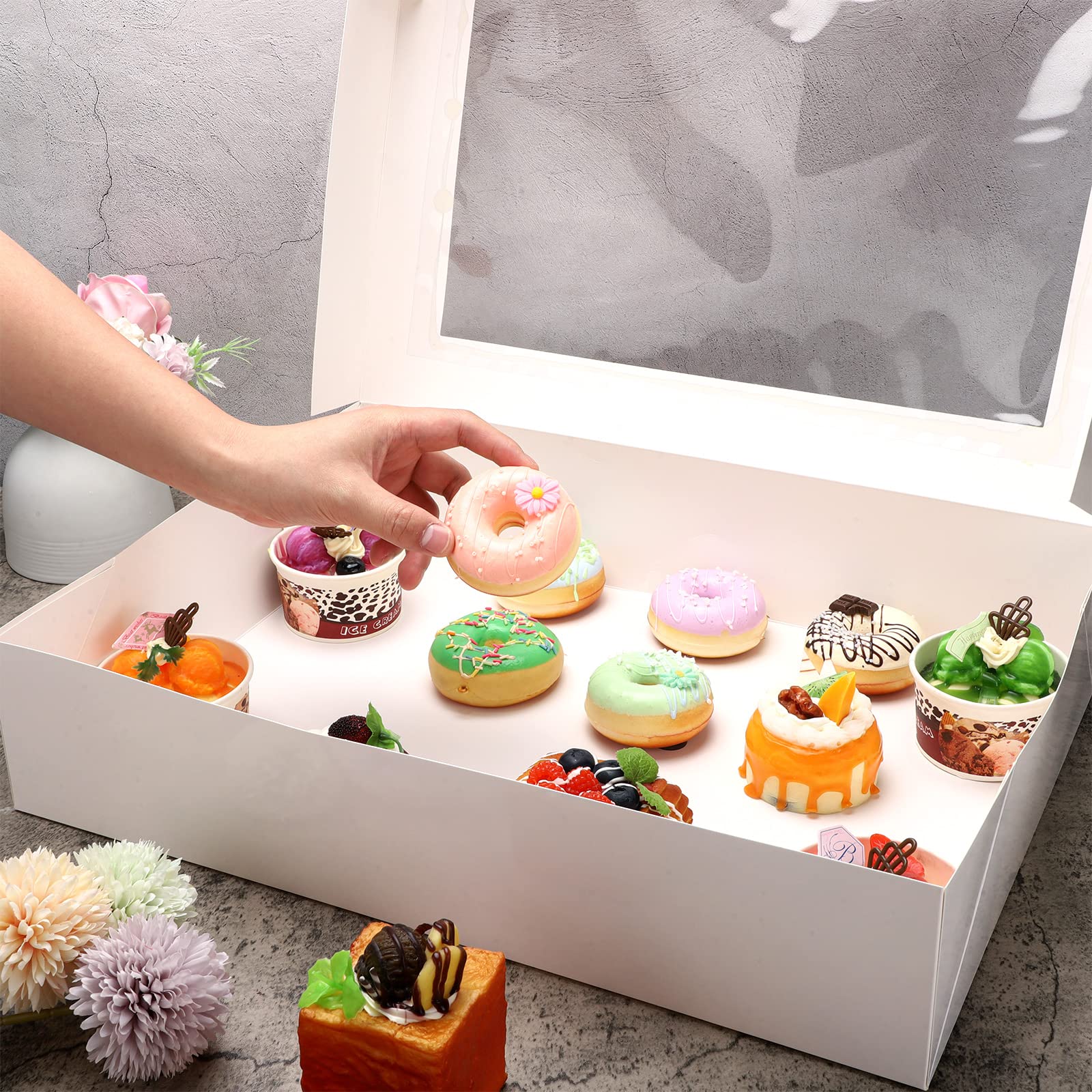 Gersoniel Cake Box Paperboard Window Bakery Box Large Pastry Baking Rectangle Cardboard Treat Boxes with Window Bakery Take out Containers for Cookie Cupcake Pie 19 x 14 x 4 Inch (White,10 Pack)