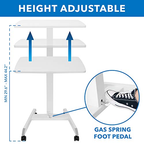 Mount-It! Adjustable Rolling Laptop Desk with Wheels [23.6" x 20.5"] Sit Stand Mobile Workstation Cart with Pneumatic Spring Lift for Height Adjustment, Rolling Computer Table, Foot Pedal (White)