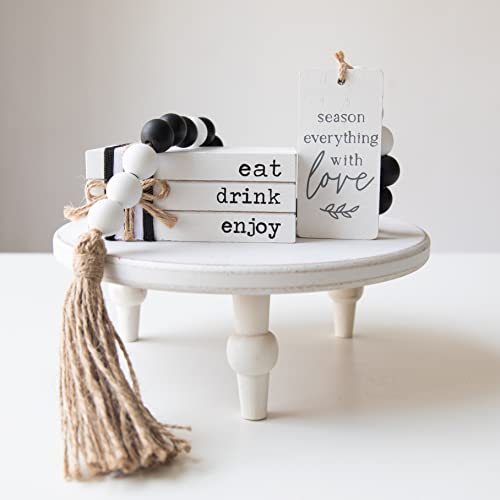 GENMOUS Farmhouse Decorative Round Wood Risers For Decor, White Wood Pedestal Stand With Wood Book Stacks and Garland For Rustic Accent Centerpiece Display in Kitchen/Bathroom/Dining/Living Room