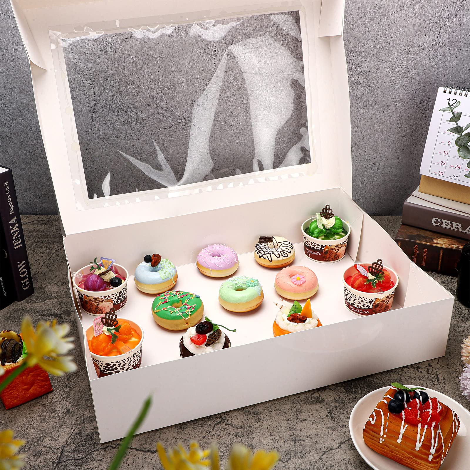 Gersoniel Cake Box Paperboard Window Bakery Box Large Pastry Baking Rectangle Cardboard Treat Boxes with Window Bakery Take out Containers for Cookie Cupcake Pie 19 x 14 x 4 Inch (White,10 Pack)