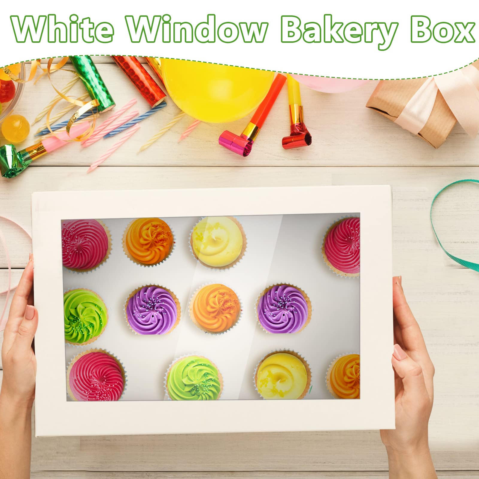 Gersoniel Cake Box Paperboard Window Bakery Box Large Pastry Baking Rectangle Cardboard Treat Boxes with Window Bakery Take out Containers for Cookie Cupcake Pie 19 x 14 x 4 Inch (White,10 Pack)