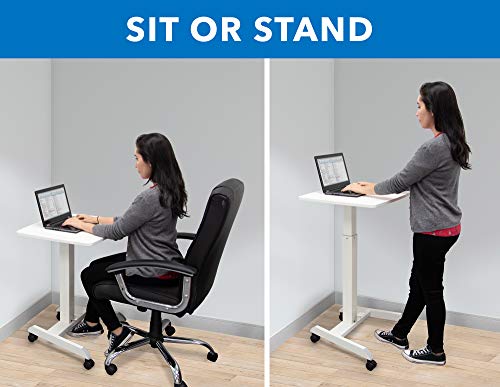 Mount-It! Adjustable Rolling Laptop Desk with Wheels [23.6" x 20.5"] Sit Stand Mobile Workstation Cart with Pneumatic Spring Lift for Height Adjustment, Rolling Computer Table, Foot Pedal (White)