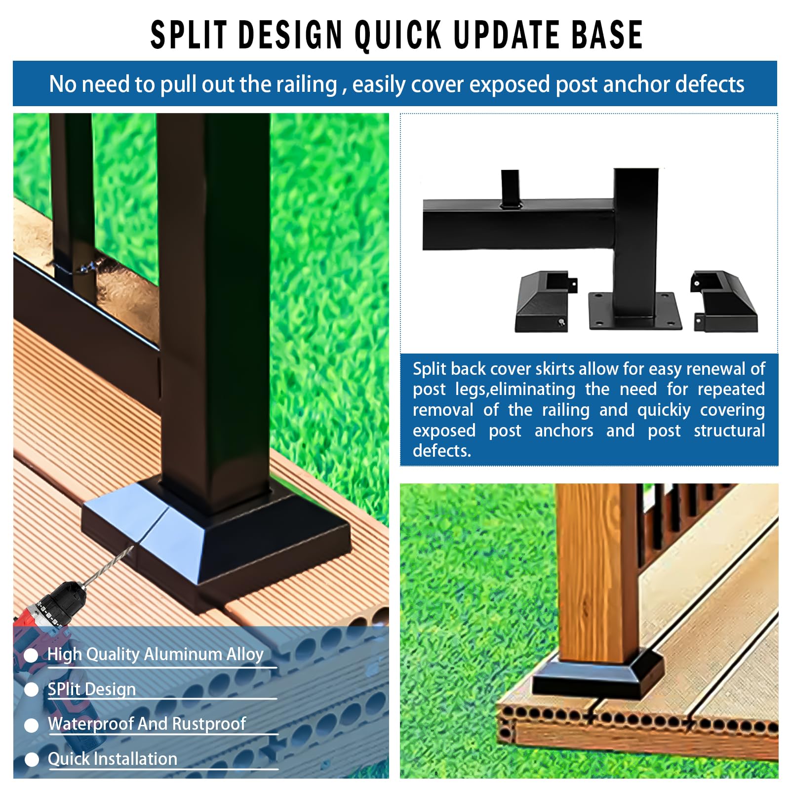 Post Cover Plate for 2" Floor Flange, 2-Piece, Flange Base Shoe for Railings, Post Skirt Cover, Black