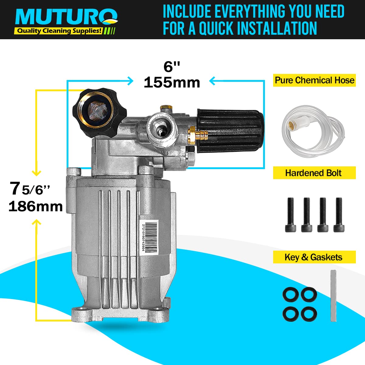 MUTURQ 3/4" Shaft Horizontal Pressure Washer Pump, Easy Adjust 2500-3000 PSI, 2.5 GPM, OEM Replacement Pump for Simpson, Honda GC 160, Homelite, and Most Power Washer