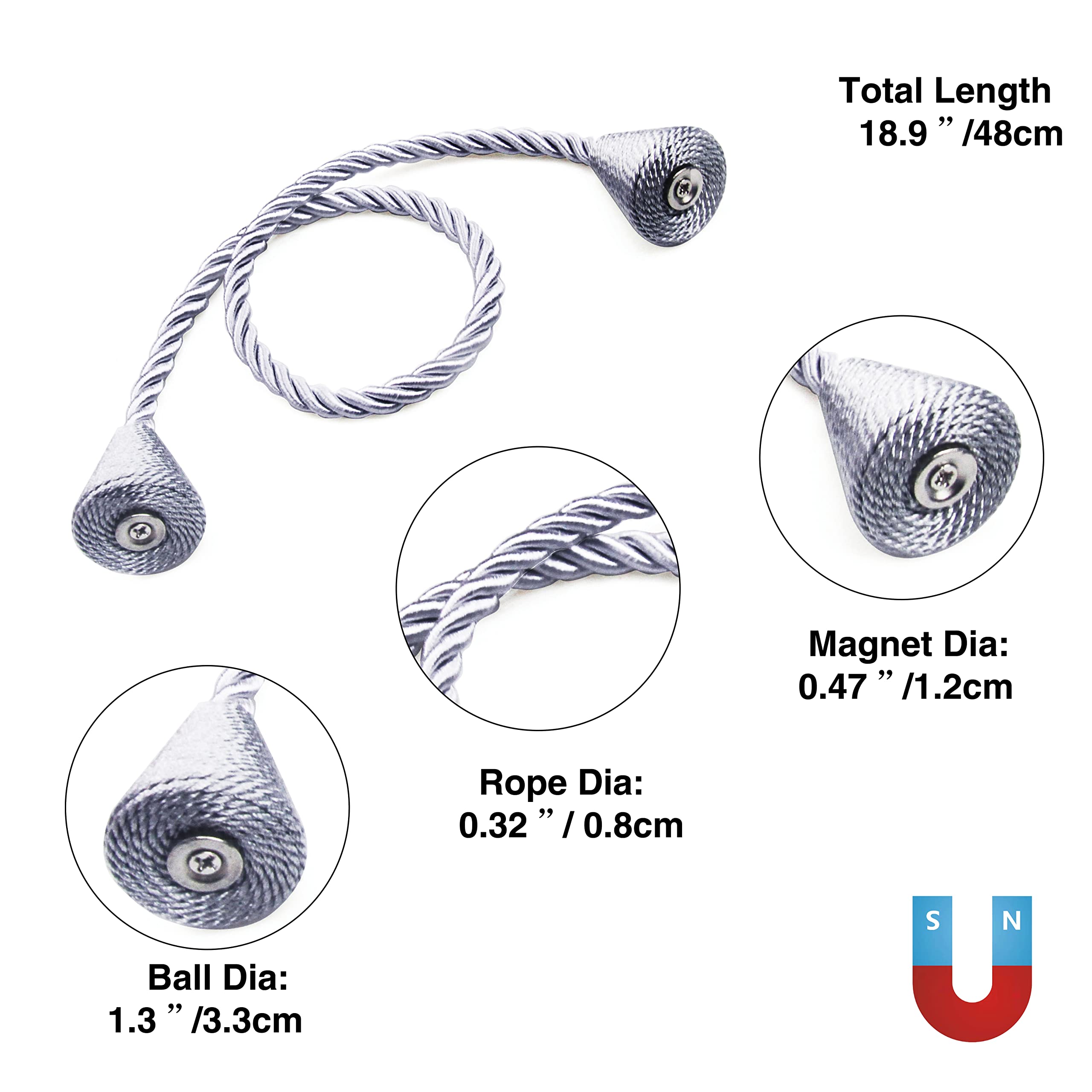 Nieffeiy 2 Pack Magnetic Curtain Tiebacks Rope Modern Handmade Curtain Tie Backs Decorative Drapes Weave Holdbacks for Window Décor, Grey