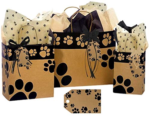 Gift Bags Assorted Sizes - 3 Bags Bundled with Coordinating Tissue Paper Tags and Raffia Ribbon (Kraft Paws)
