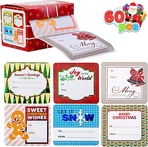 JOYIN 60 Pieces Jumbo Christmas Stickers Gift Tag Self Adhesive Labels for Christmas Holiday Present Labels Wrapping Paper Gift Box