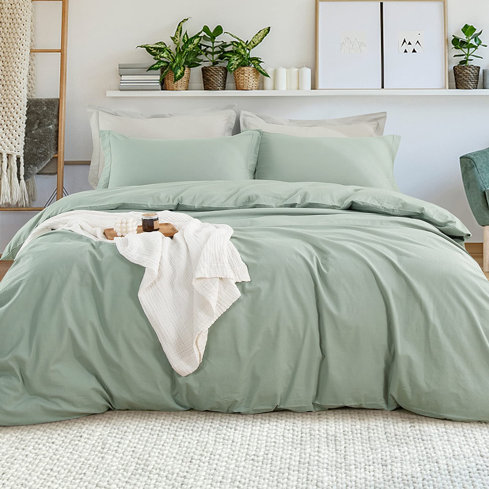 EMME Sage Green Cotton Duvet Cover Queen Size 3-Piece Set Soft Cotton Bedding Comforter Cover Full Size with 2 Pillow Shams Solid Color Button Closure & Corner Ties (Sage Green, Full/Queen)
