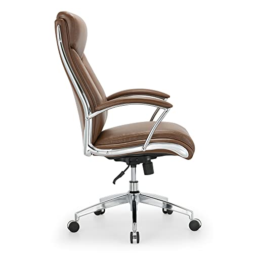 RealspaceĀ® Modern Comfort Verismo Bonded Leather High-Back Executive Chair, Brown/Chrome