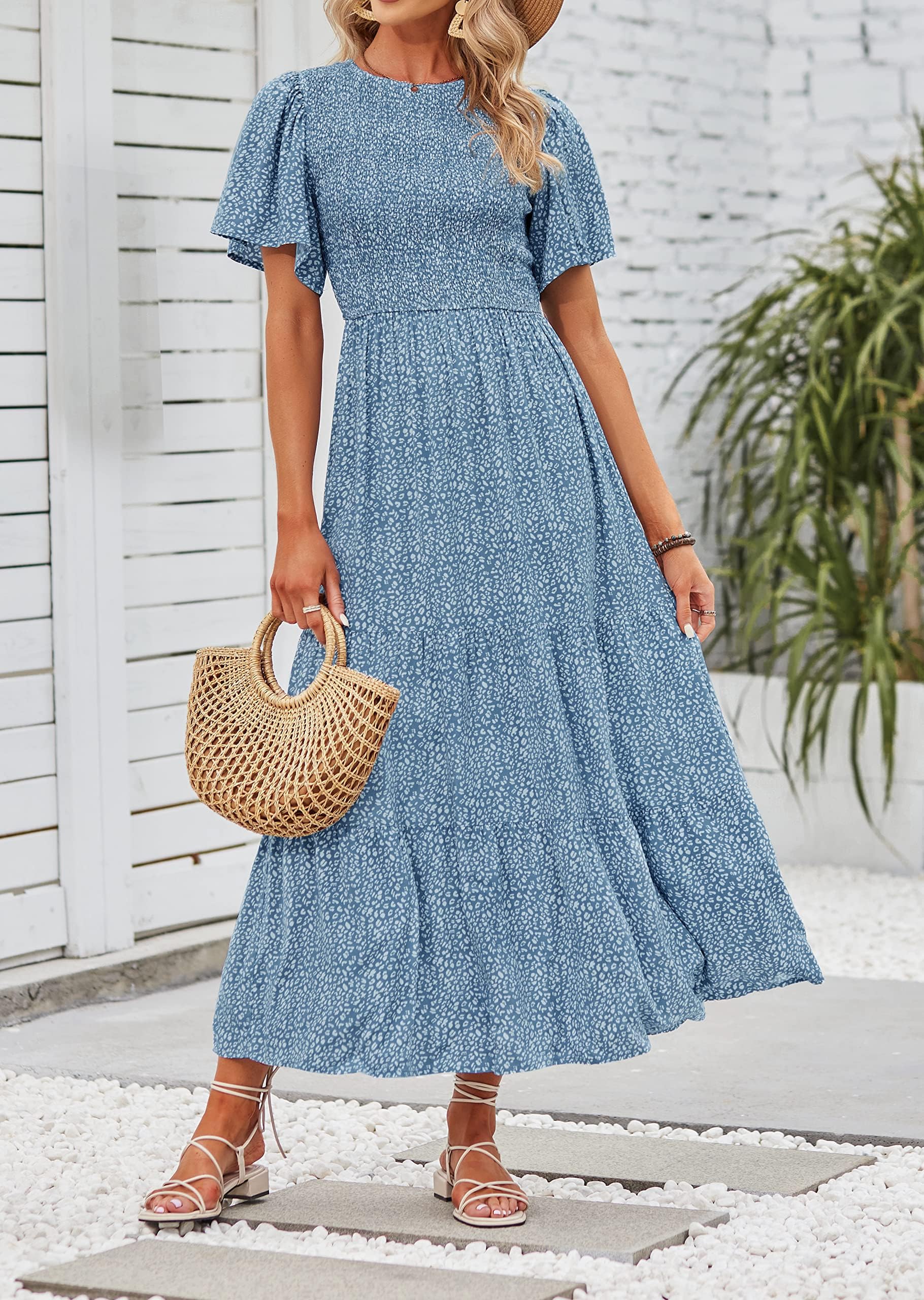 ZESICA Women's 2025 Summer Casual Floral Print Short Flutter Sleeve Crew Neck Smocked High Waist Flowy Maxi Dress,Blue,Large