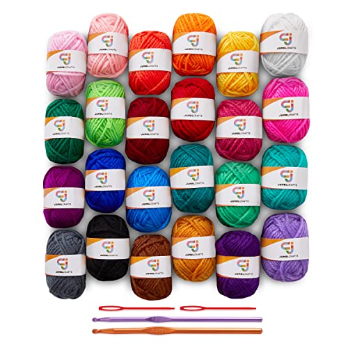 JumblCrafts 24-Yarn Crocheting Starter Kit. 24 Fun-Sized Skeins with 2 Crochet Hooks and 2 Weaving Needles, 24 Assorted Colors of Acrylic Yarn for Crafters. Great for Beginners and Experts