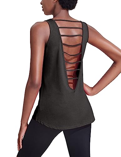PINSPARK Workout Tops for Women Open Back Tank Sleeveless Athletic Tennis Shirts Womens Yoga Tops Black