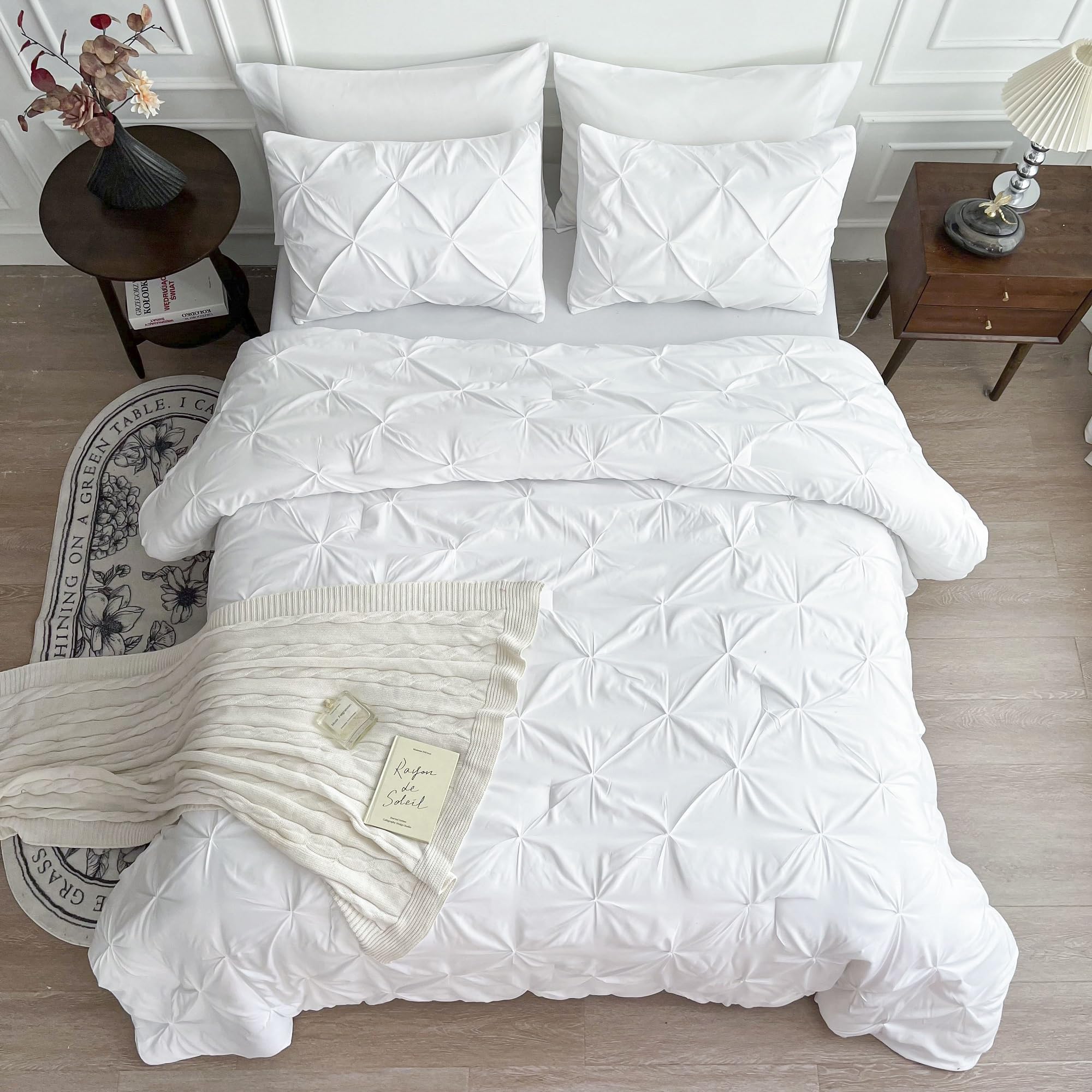 Maple&Stone White Queen Comforter Set, 7 Pieces Bed in a Bag Queen, Pintuck Bedding Sets with Comforter, Sheets, Pillowcases & Shams - White