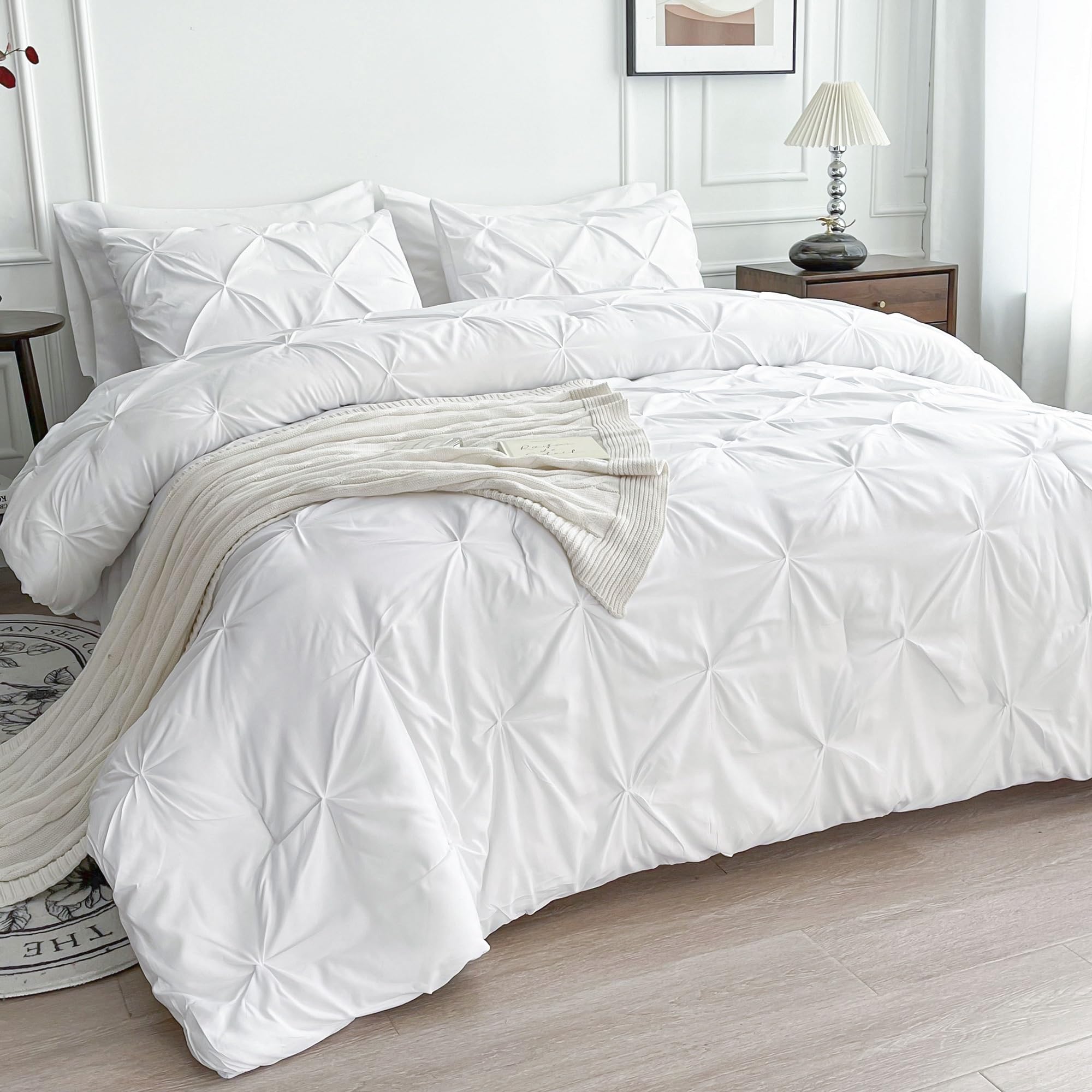 Maple&Stone White Queen Comforter Set, 7 Pieces Bed in a Bag Queen, Pintuck Bedding Sets with Comforter, Sheets, Pillowcases & Shams - White