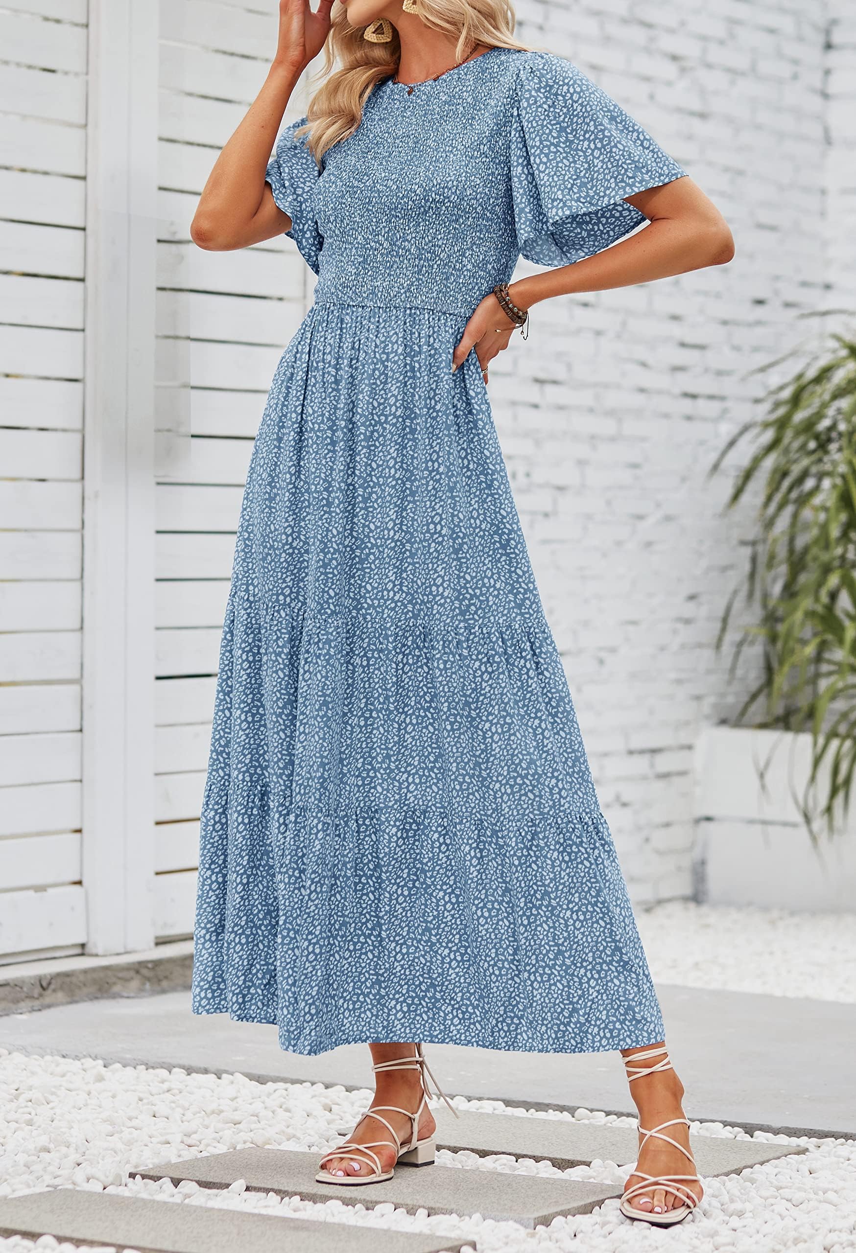 ZESICA Women's 2025 Summer Casual Floral Print Short Flutter Sleeve Crew Neck Smocked High Waist Flowy Maxi Dress,Blue,Large