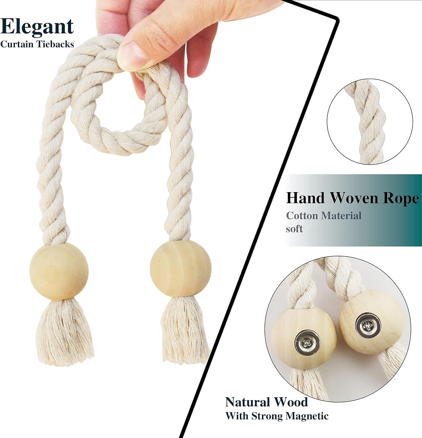 Nieffeiy 4 Pack Magnetic Curtain Tiebacks Cotton Hand Woven Tie Back Decorative Rope Holdbacks for Curtains Draperies No Tools Required, Beige
